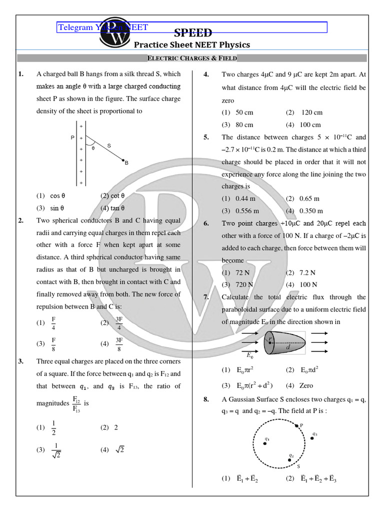 Electric Charges and Field Practice Sheet(1) | PDF | Electric Field | Force