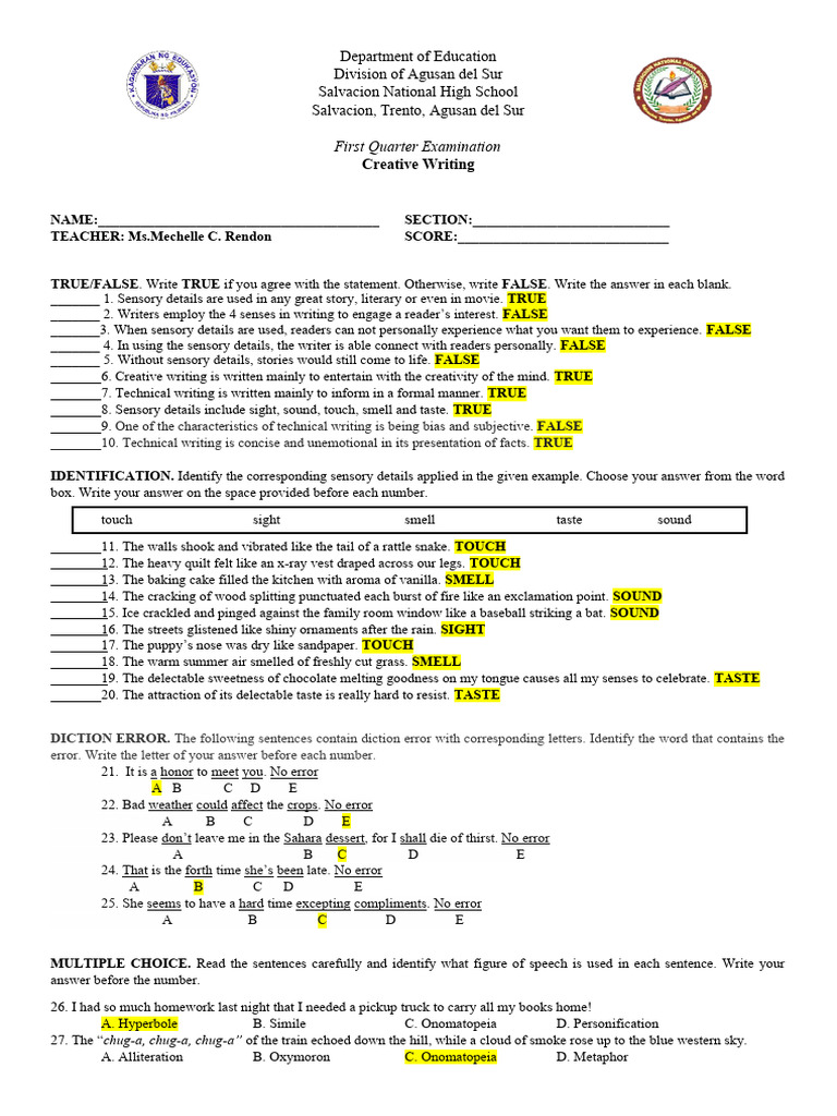 Creative Writing Answer Key | PDF | Poetry | Senses