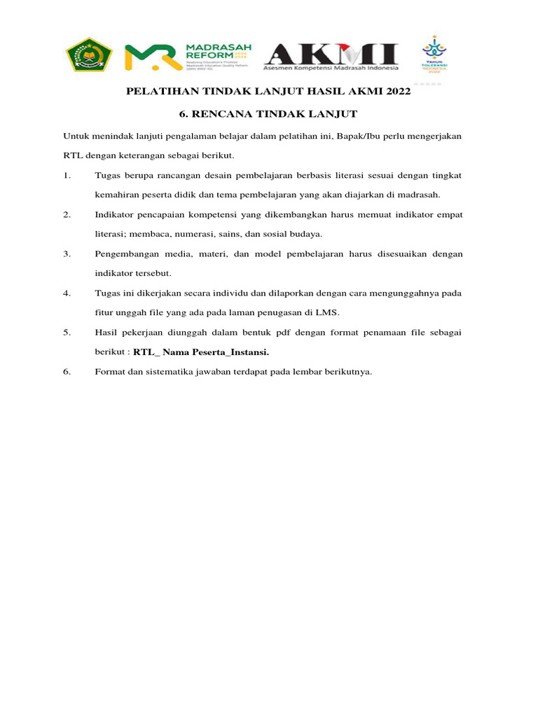 Rencana Tindak Lanjut Pelatihan AKMI 2022 | PDF | Karier & Perkembangan ...