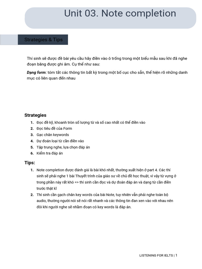 Listening - Unit 3. Note Completion | PDF