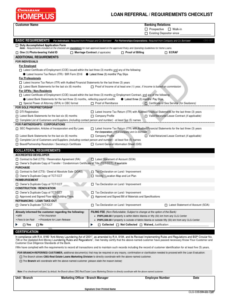 Loan Referral - Requirements Checklist For HomePlus CLG 035 09 23 TMP ...