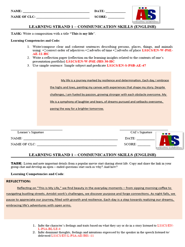 LS1 English Work Sample 1 5 | PDF | Identity Document | Psychology