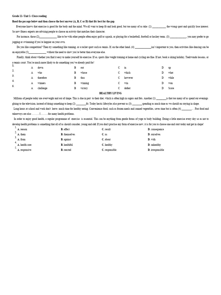 Grade 11 - Unit 1 - Cloze Reading - GV - Edited - Hs | PDF | Dieting ...
