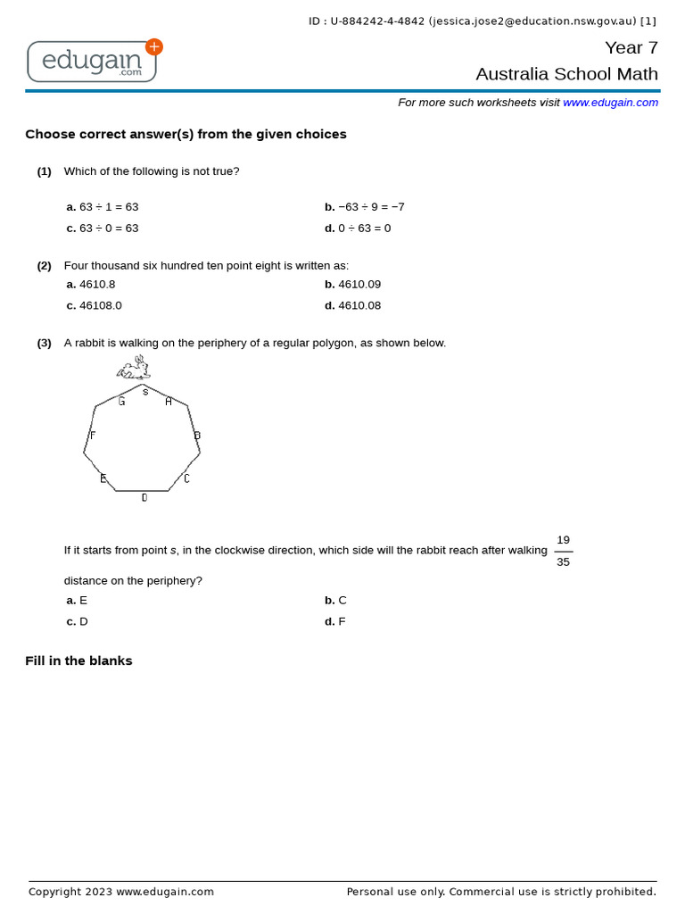 Grade7 Maths Worksheet 1 | PDF | Rectangle | Elementary Geometry