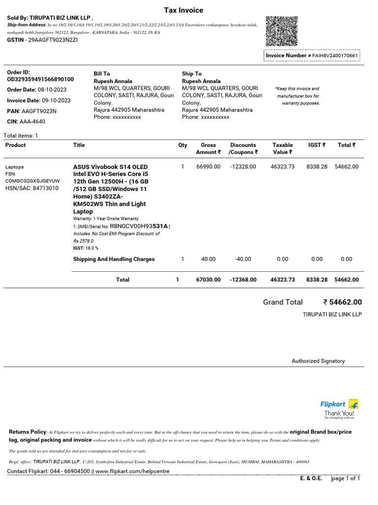 Invoice of Asus Laptop | PDF | Computer Hardware | Personal Computers