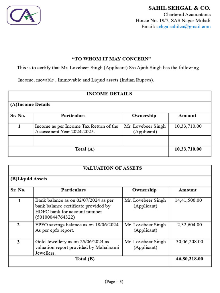 Income and Asset Certification for Lovebeer Singh | PDF | Finance ...