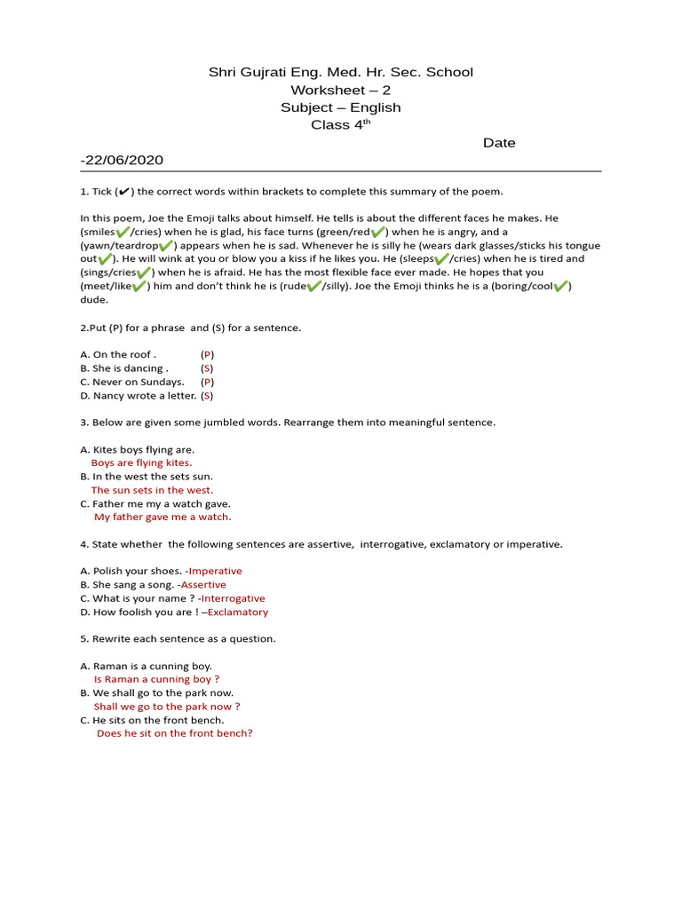 CLASS-4 English Worksheet 2 | PDF