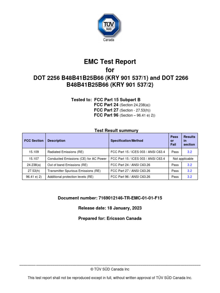 EMC Test Report For: DOT 2256 B48B41B25B66 (KRY 901 537/1) and DOT 2266 ...