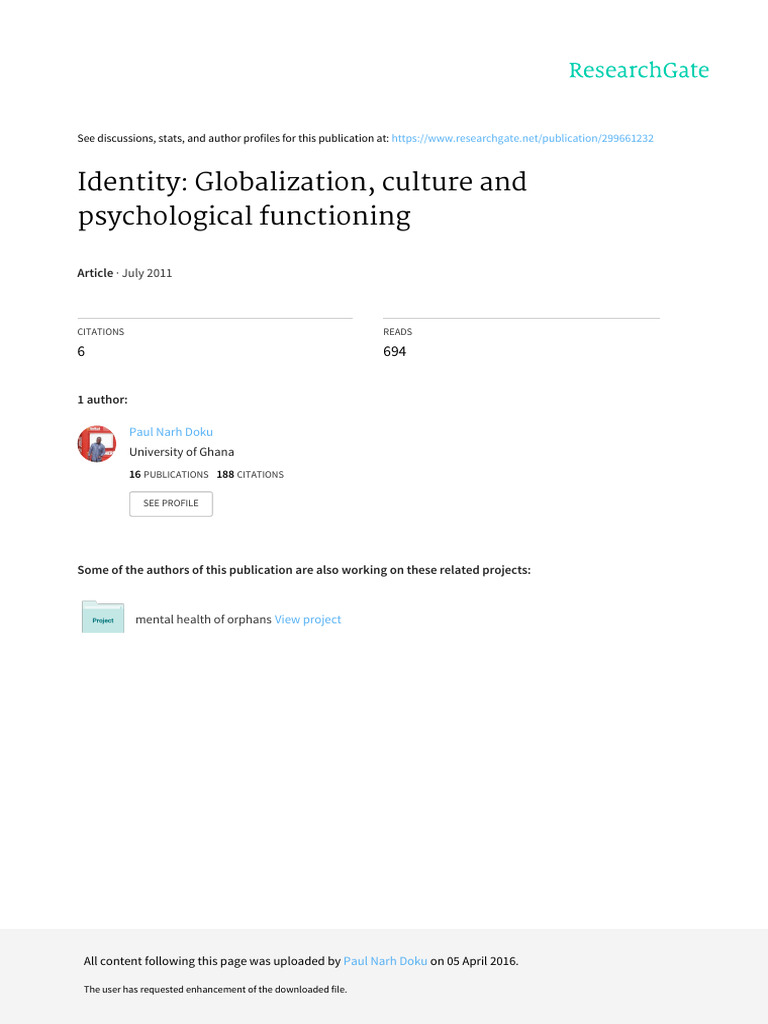 Identity. Globalization, Culture and Pshychological Functioning | PDF ...