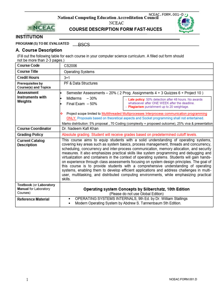 OS Spring 2024 - course outline V1-1 | PDF | Operating System | Computing