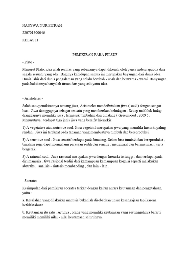 (H) Nasywa Nur Fitrah Pemikiran para Filsuf | PDF