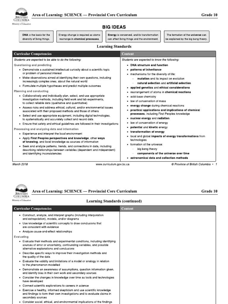 BC Ministry Science 10 Curriculum | PDF