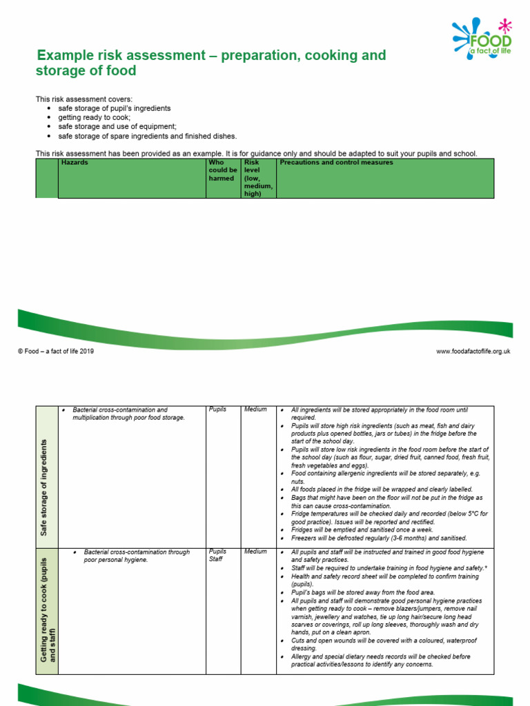 Example Risk Assessment Preparation Cooking and Storage 316 | PDF ...