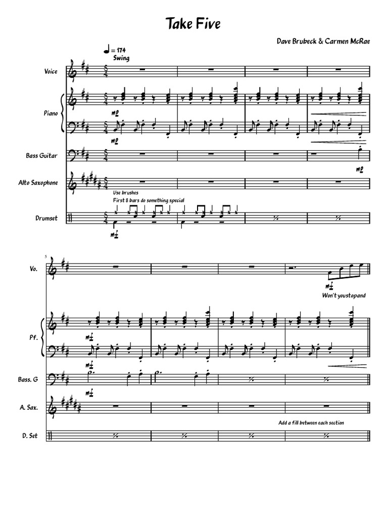 Take Five Vocal Sheet Music | PDF | American Styles Of Music | Musical ...