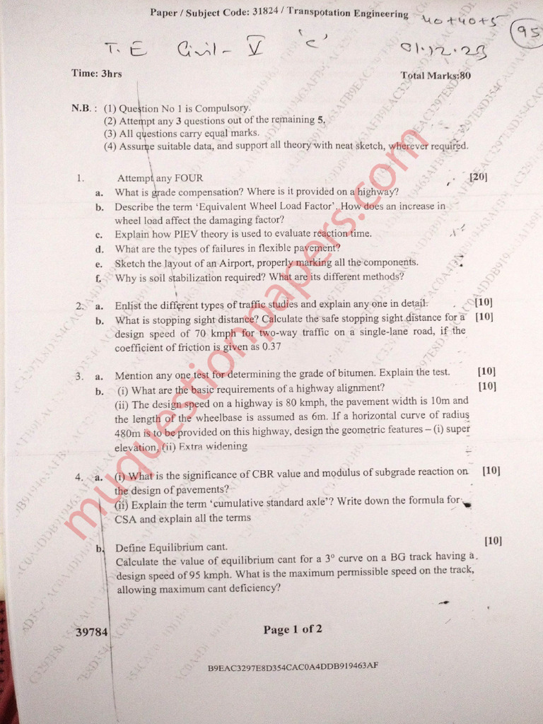 Be - Civil Engineering - Semester 5 - 2023 - December - Transportation Engineering Rev 2019 C ...
