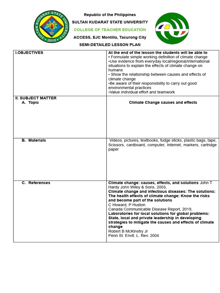 Semi Detailed Lesson Plan | PDF | Climate Change | Natural Environment