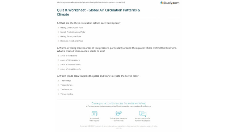 Quiz Worksheet Global Air Circulation Patterns Climate | PDF