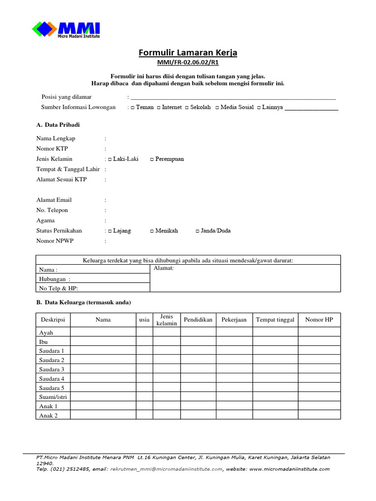 Formulir Lamaran Kerja MMI Jakarta | PDF