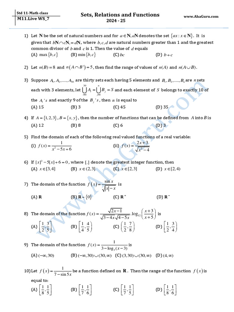 WS007-11-M-13Q-Sets, Relations and Functions - ADV-17July24 - 1721217218857 - oYXZe | PDF ...
