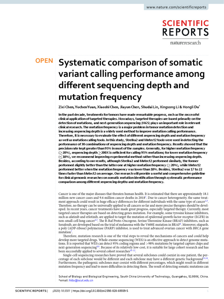 Systematic Comparison of Somatic Variant Calling Performance Among Different Sequencing Depth ...