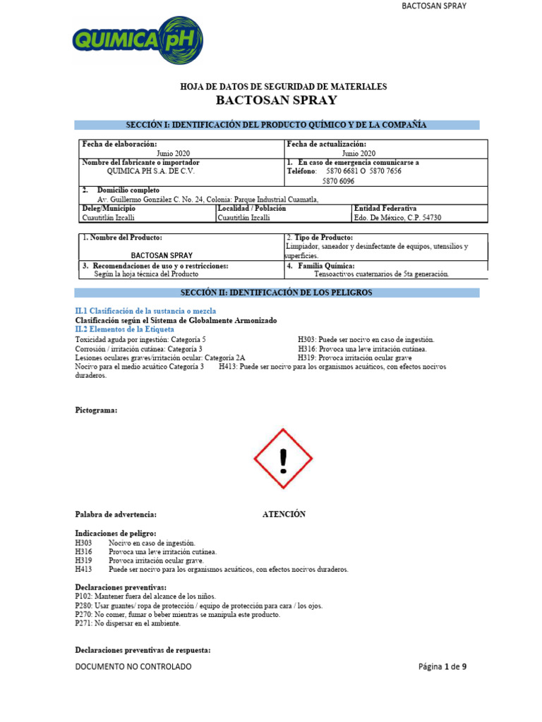 Hoja de Seguridad Bactosan Spray | PDF | Agua | Combustión