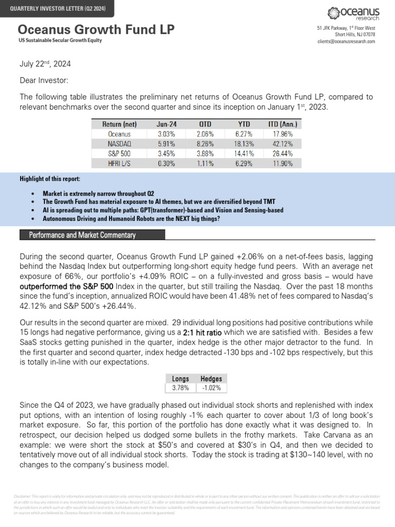 Oceanus Growth Fund 2024 Q2 Letter | PDF | Investing | Investment Fund