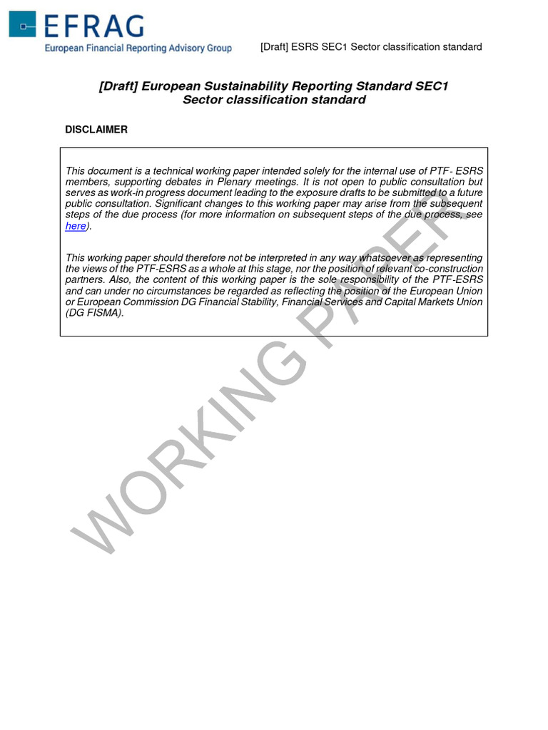 Working Paper Draft ESRS SEC1 Sector Classification Standard | PDF ...