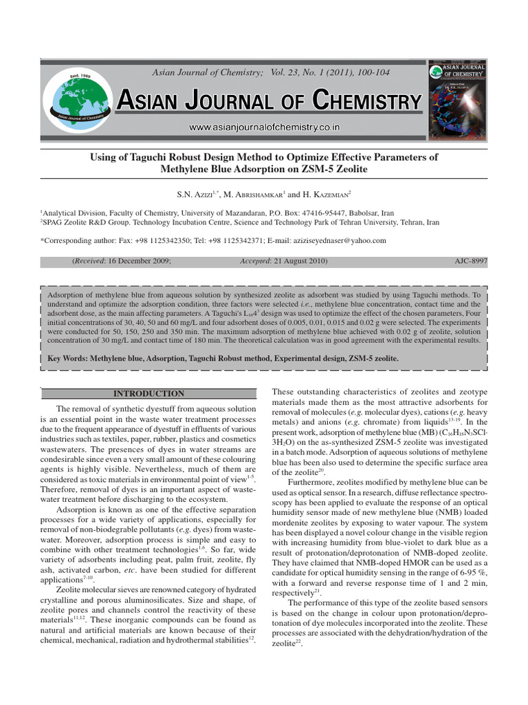 2011 Azizi Using of Taguchi Method For MB | PDF | Adsorption | Zeolite