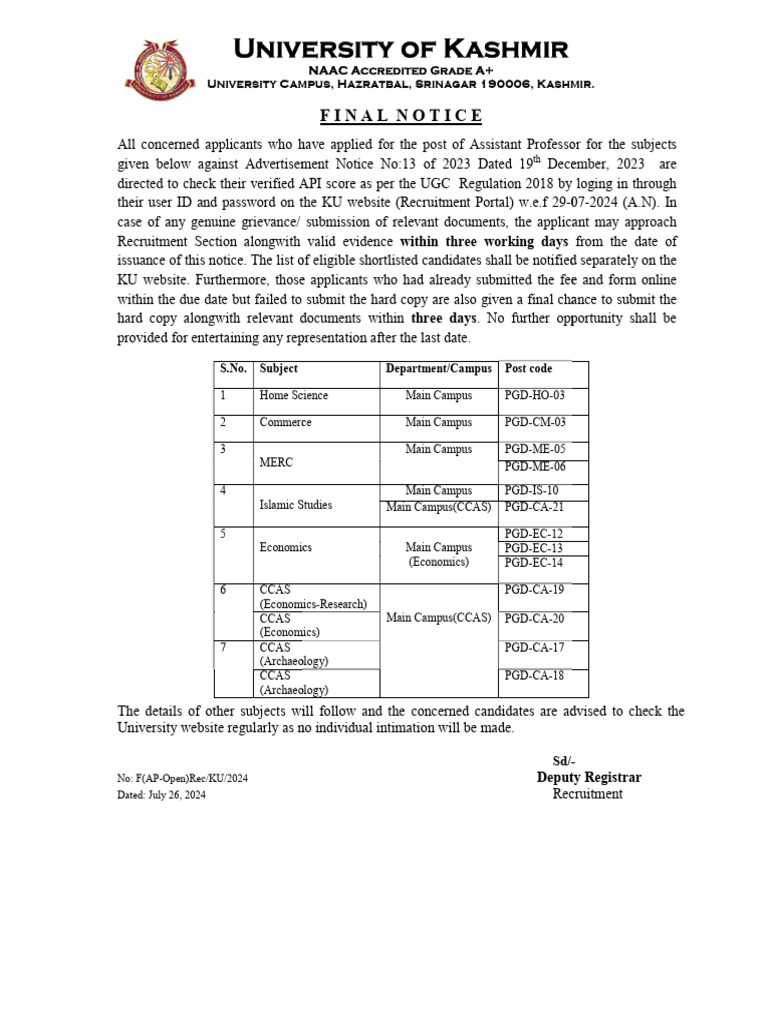 University of Kashmir University of Kashmir: Final Notice | PDF