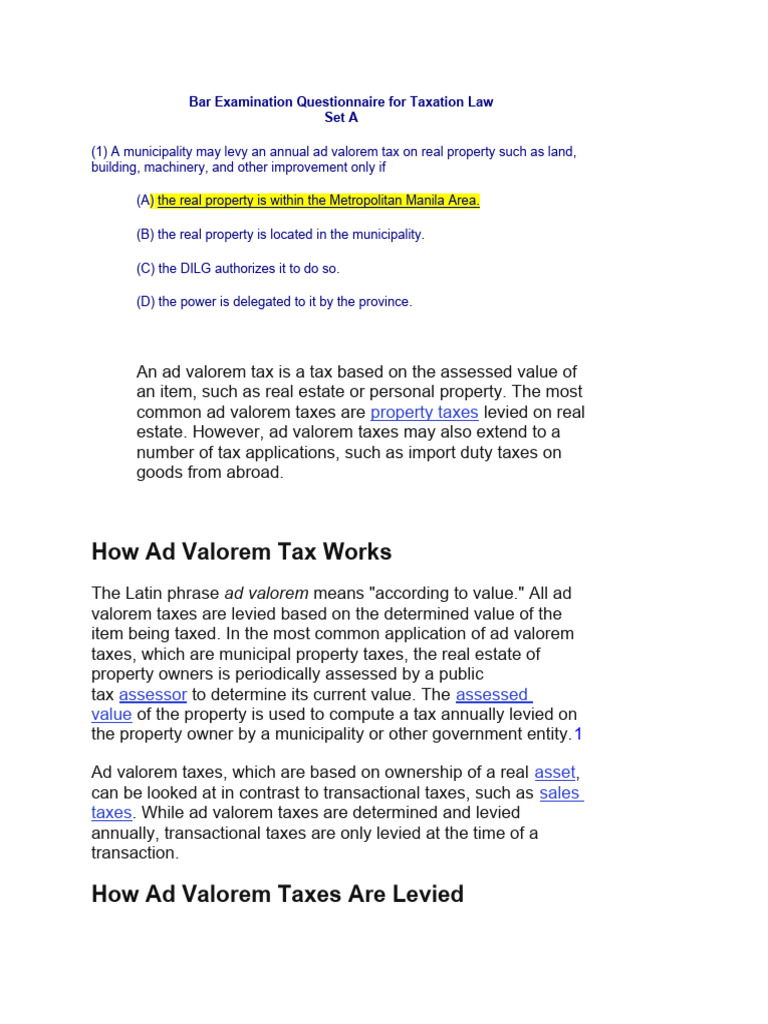 Bar Examination Questionnaire For Taxation Law | PDF | Taxes | Ad Valorem Tax