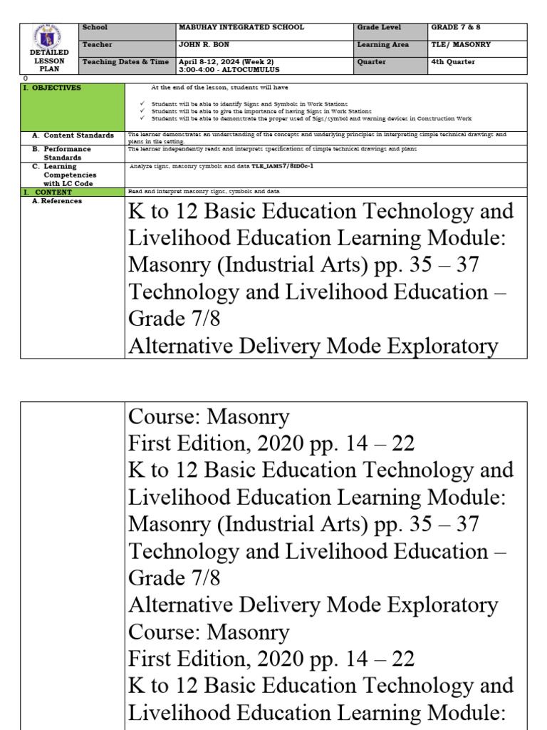 Grade 7 TLE Lesson Plan: Masonry Symbols | PDF | Educational Technology ...