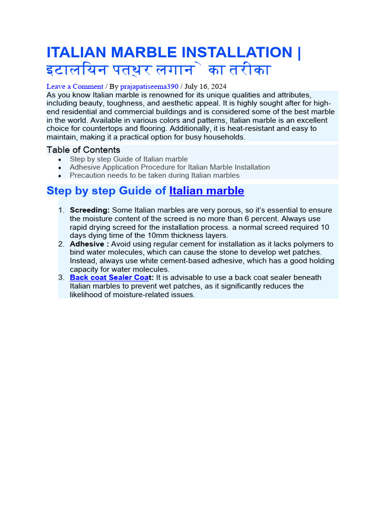 Italian Marble Installation | PDF | Adhesive | Flooring