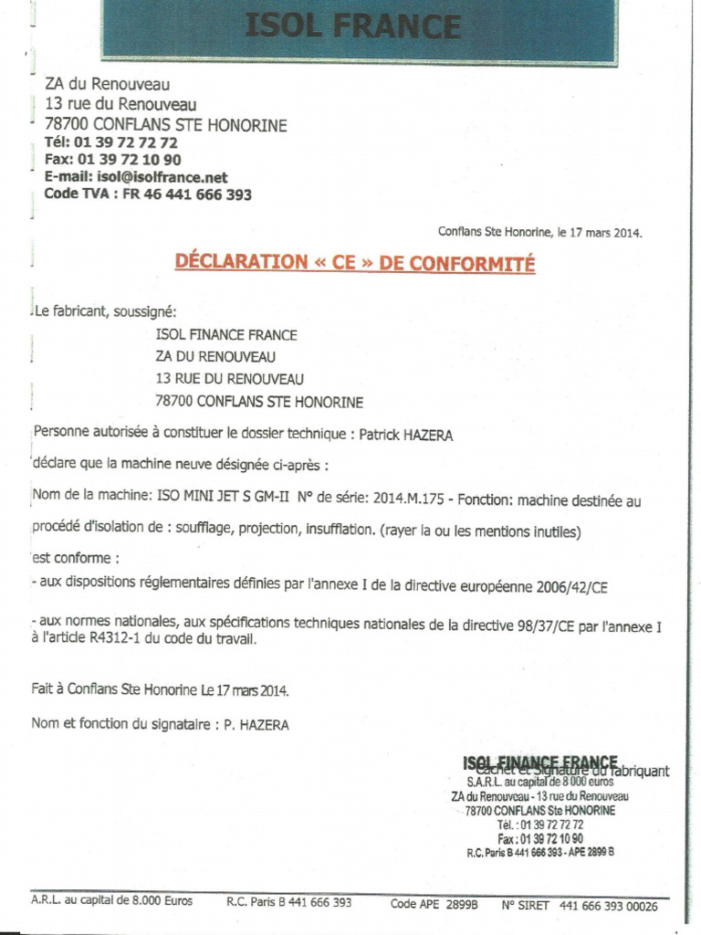 Num2 - Déclaration CE de Conformité ISOL FRANCE | PDF Num2 - Déclaration CE de Conformité ISOL FRANCE | PDF