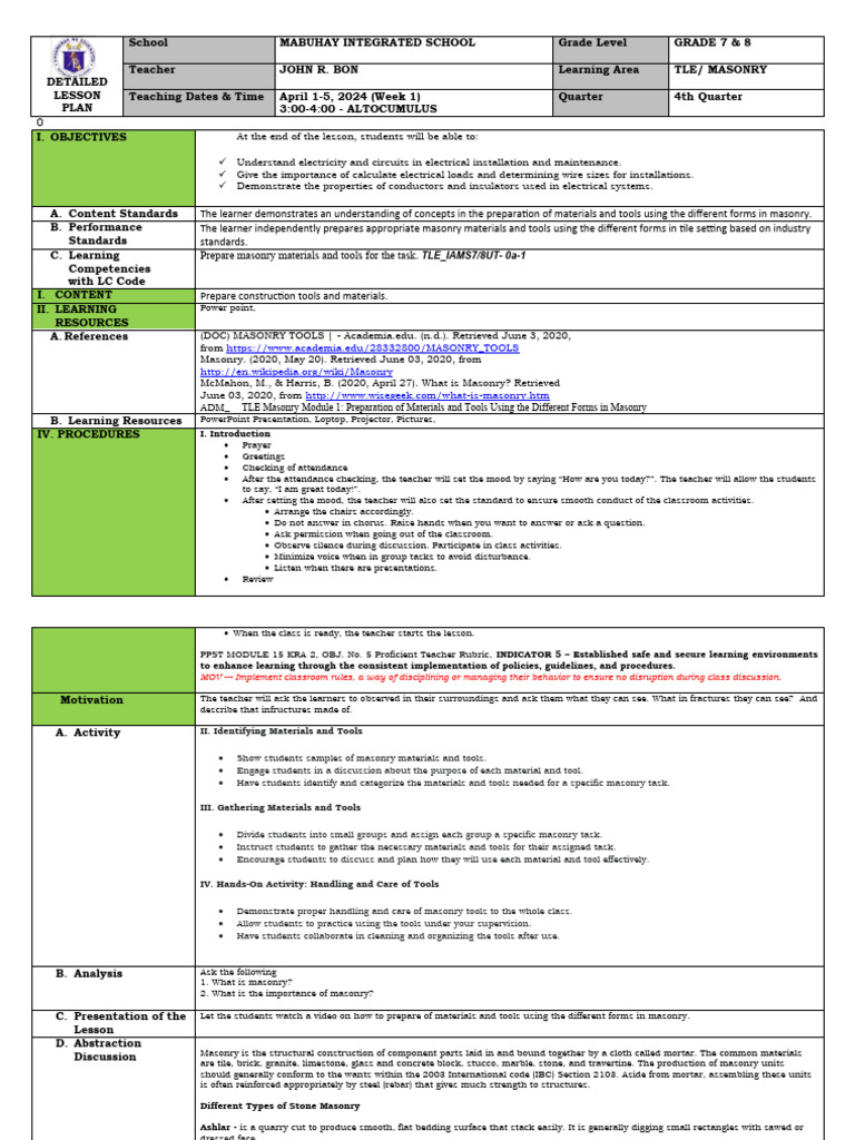 DETAILED LESSON PLAN | Download Free PDF | Masonry | Brick