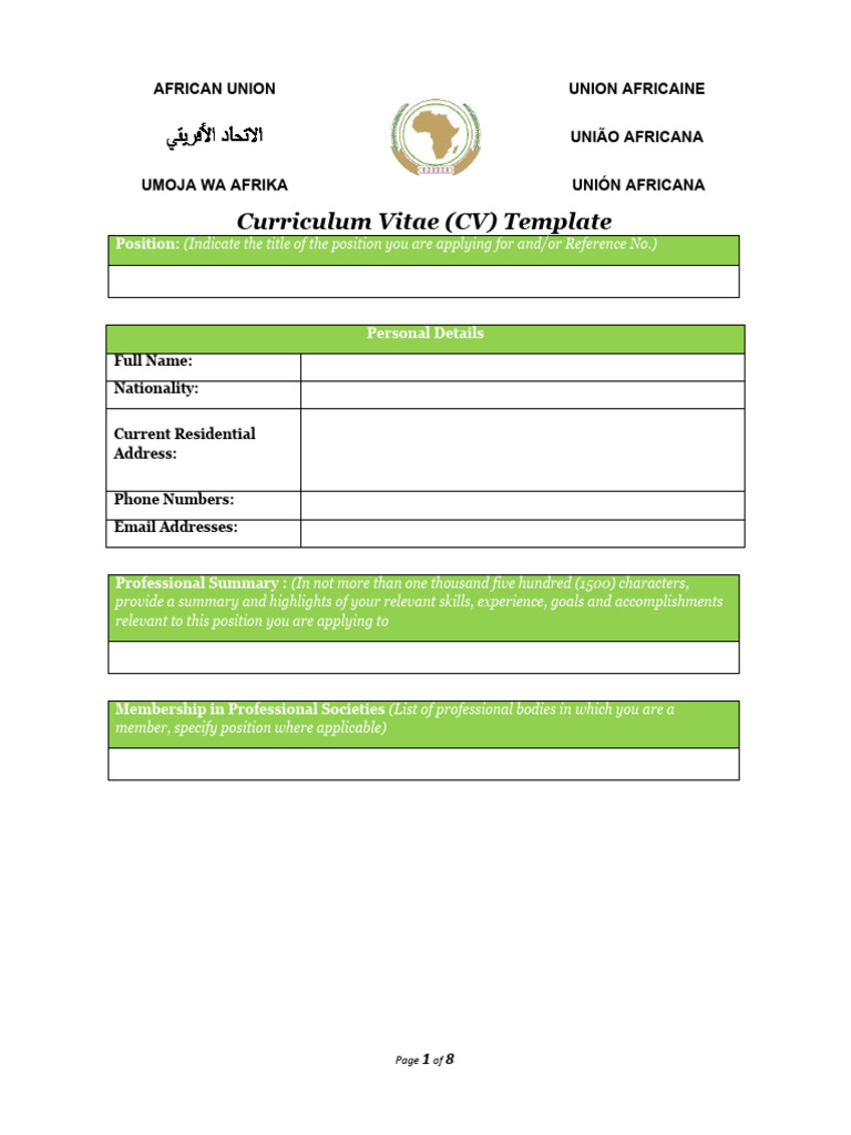 Au CV Template - English | PDF | Professional Certification | African Union