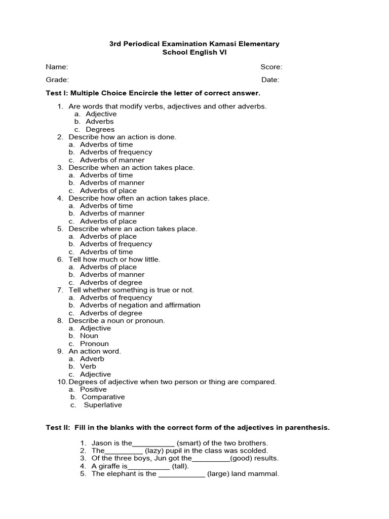 GRADE VI Examination | PDF | Adverb | Adjective