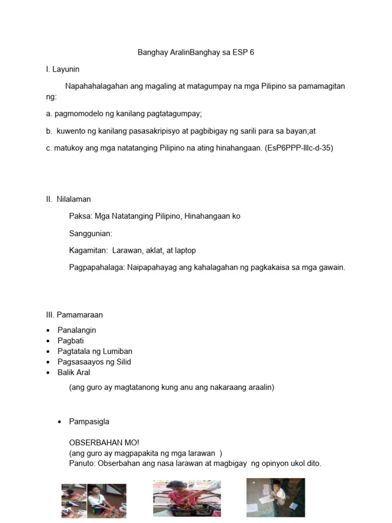 Banghay AralinBanghay Sa ESP 6 | PDF