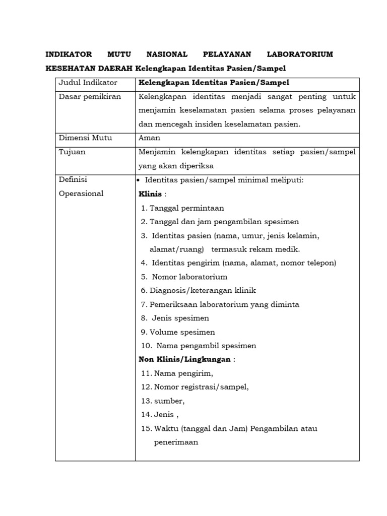 Indikator Mutu Pelayanan Laboratorium Kesehatan | PDF