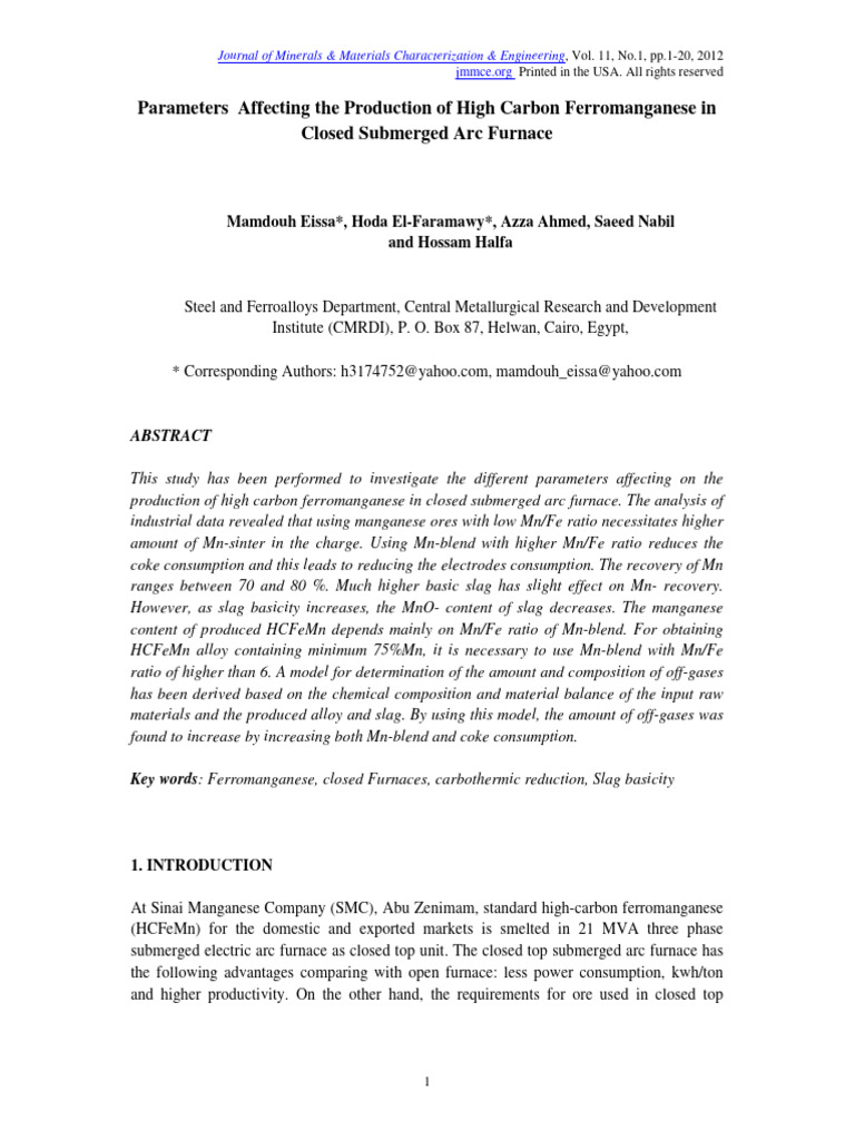 Parameters Affecting The Production of High Carbon Ferromanganese in ... Parameters Affecting The Production of High Carbon Ferromanganese in ...