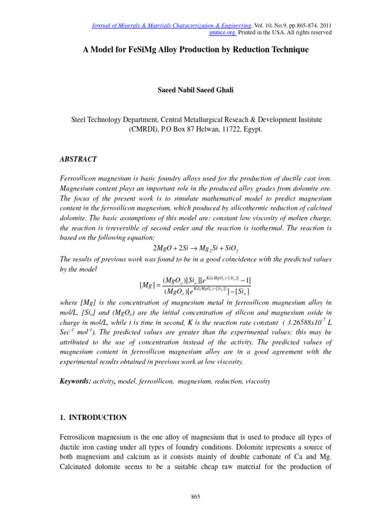 A Model For FeSiMg Alloy Production by Reduction Technique | PDF ...