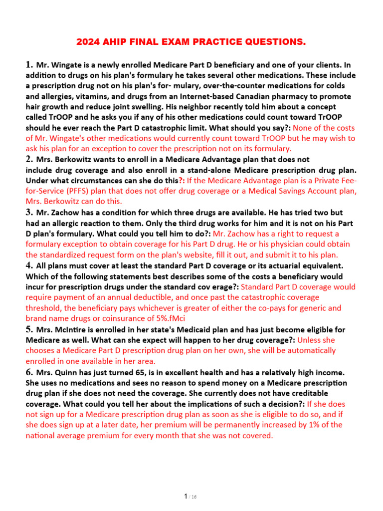 2024 AHIP Exam Practice Questions | PDF | Medicare Part D | Medicare ...