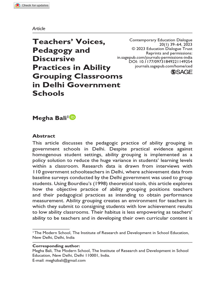 Teachers' Voices, Pedagogy and Discursive Practices in Ability Grouping ...