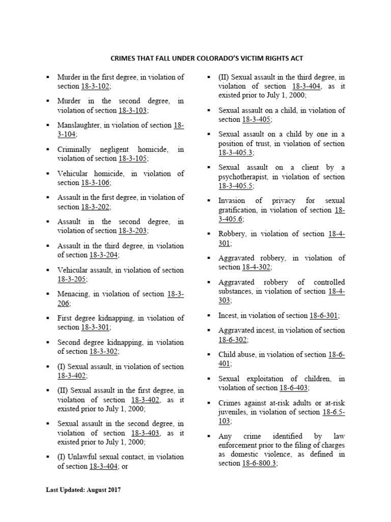 Colorado Victim Rights Act Crimes | PDF | Sexual Abuse | Assault
