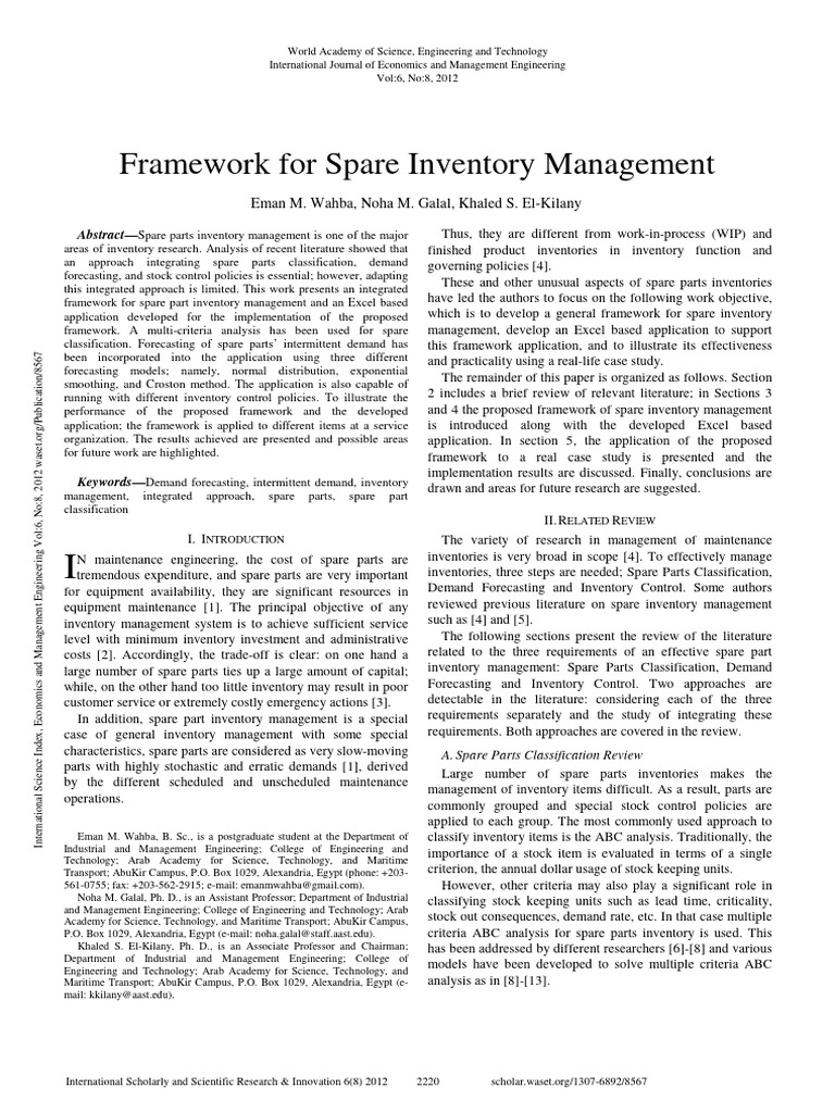 Framework For Spare Inventory Management: Eman M. Wahba, Noha M. Galal ...