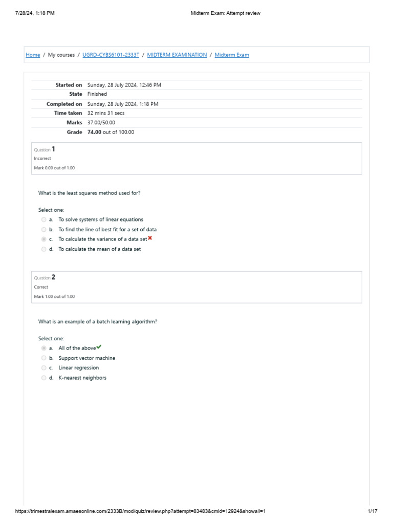 Midterm Exam - Attempt Review | PDF | Cluster Analysis | Bayesian Network