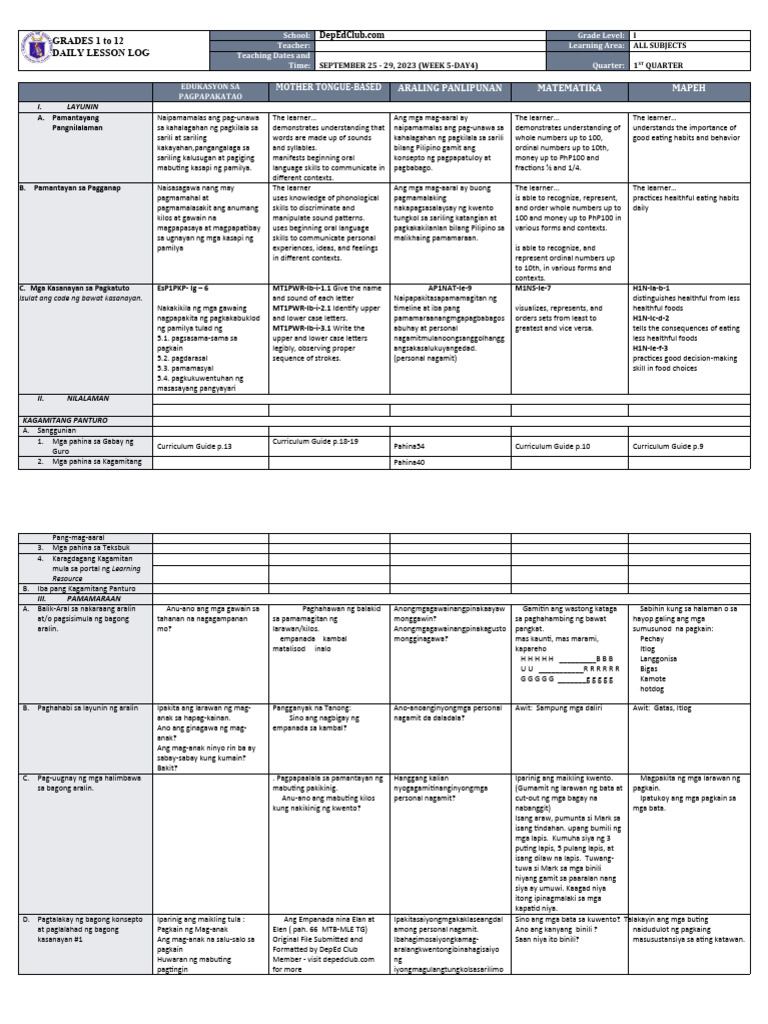 DLL All-Subjects-1 q1 w5 d4 | PDF