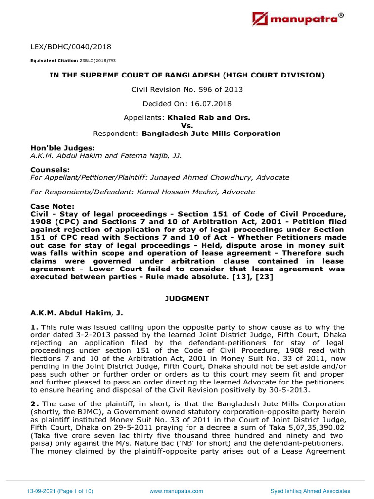 Khaled Rab and Ors Vs Bangladesh Jute Mills CorporBDHC201818021911044848COM887145 | PDF ...