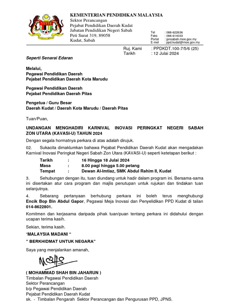 SURAT UNDANGAN PESERTA KAVASI-U 2024 PPD KUDAT (1) | PDF
