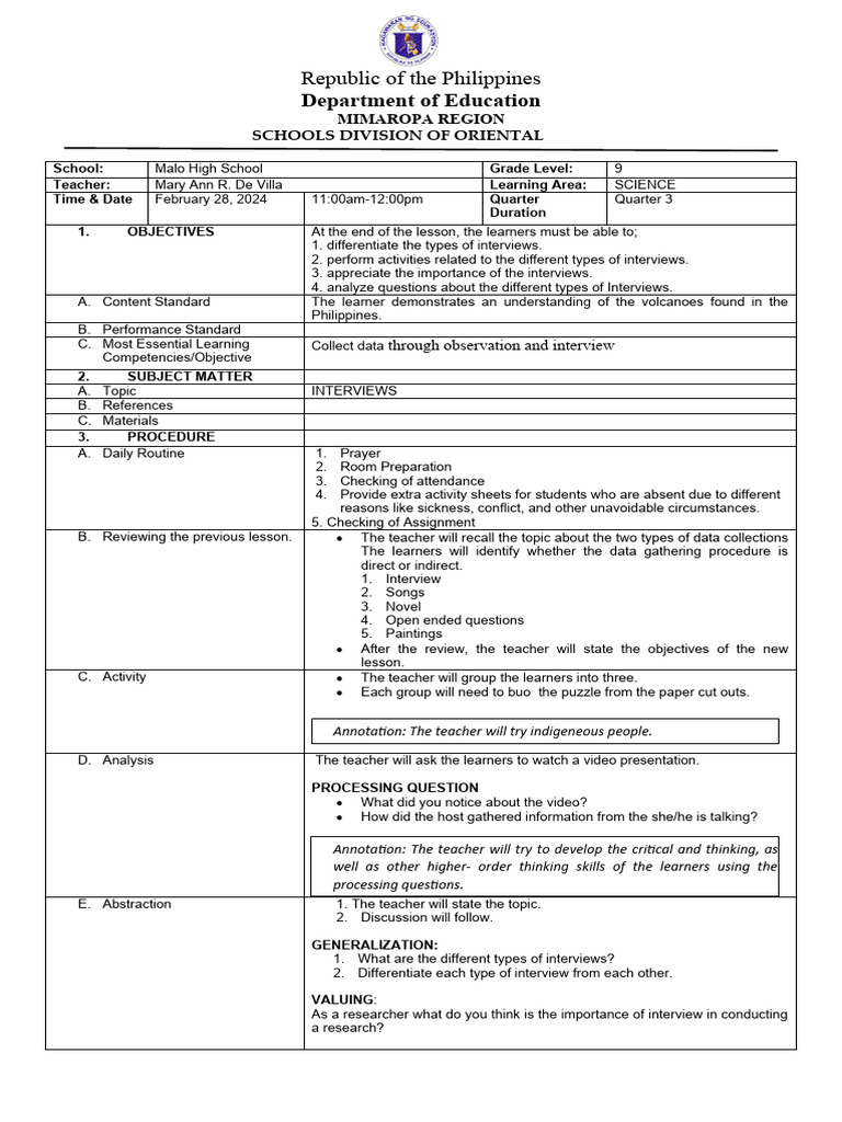 Lesson Plan Meana Interview | PDF | Types Of Volcanic Eruptions | Volcano