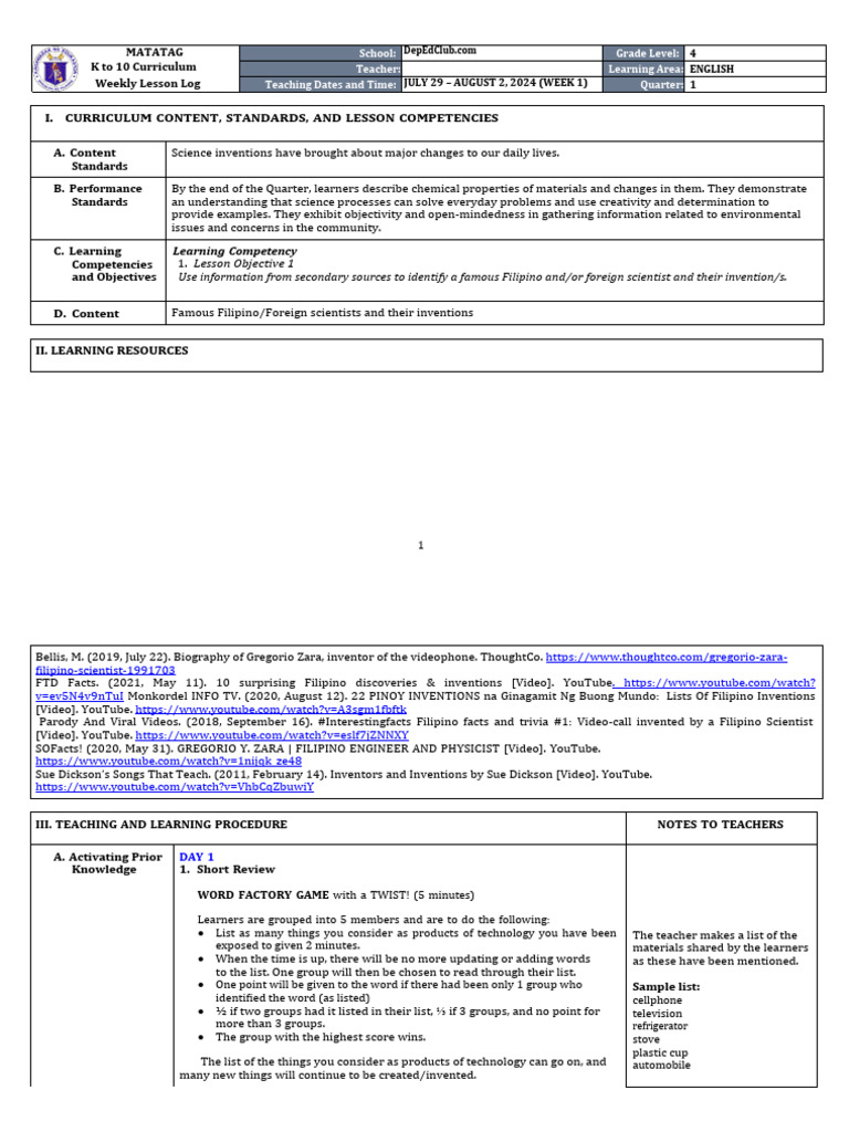 DLL Matatag - Science 4 Q1 W1 | PDF | Science & Mathematics